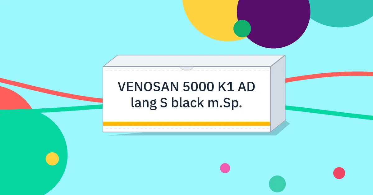 Symbolbild: Packung mit der Aufschrift VENOSAN 5000 K1 AD lang S black m.Sp. (PZN 14432424) – Verfügbarkeit und Bezug in Apotheken in Frankfurt am Main