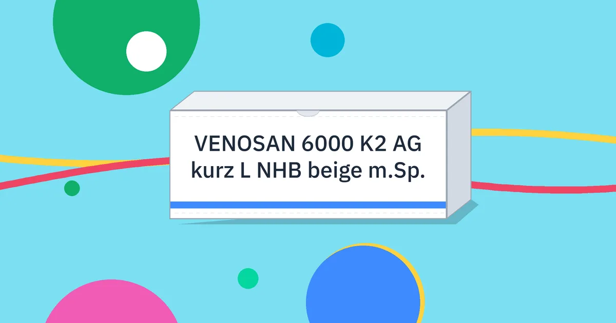 Symbolbild: Packung mit der Aufschrift VENOSAN 6000 K2 AG kurz L NHB beige m.Sp. (PZN 17172834) – Verfügbarkeit und Bezug in Apotheken in Frankfurt am Main