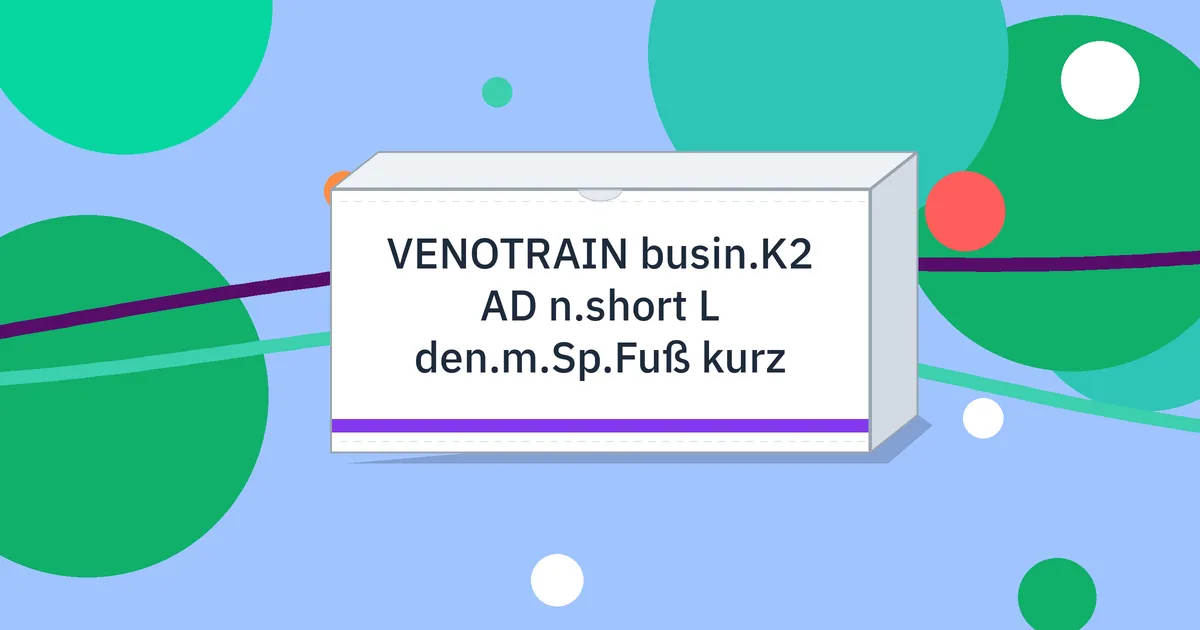Symbolbild: Packung mit der Aufschrift VENOTRAIN busin.K2 AD n.short L den.m.Sp.Fuß kurz (PZN 19057764) – Verfügbarkeit und Bezug in Apotheken in Frankfurt am Main