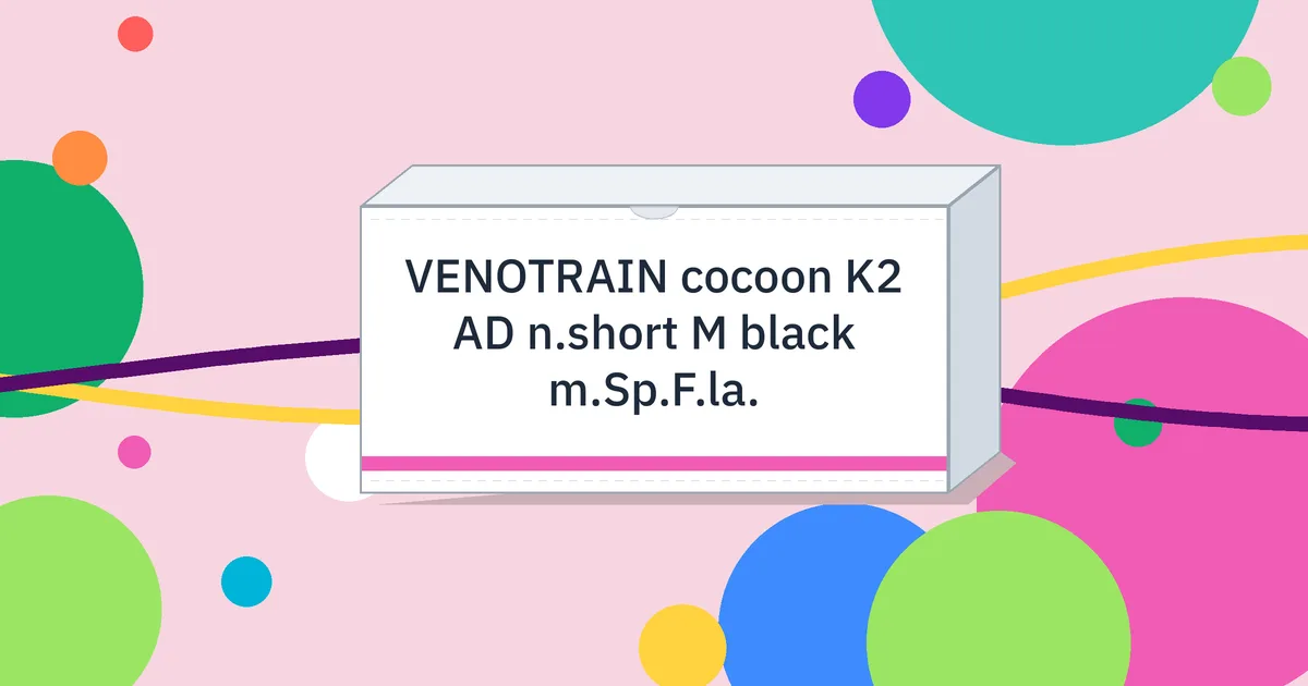Symbolbild: Packung mit der Aufschrift VENOTRAIN cocoon K2 AD n.short M black m.Sp.F.la. (PZN 14401866) – Verfügbarkeit und Bezug in Apotheken in Frankfurt am Main