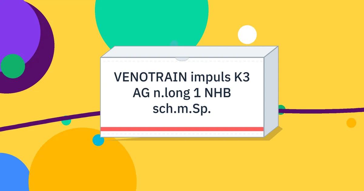 Symbolbild: Packung mit der Aufschrift VENOTRAIN impuls K3 AG n.long 1 NHB sch.m.Sp. (PZN 00522299) – Verfügbarkeit und Bezug in Apotheken in Frankfurt am Main