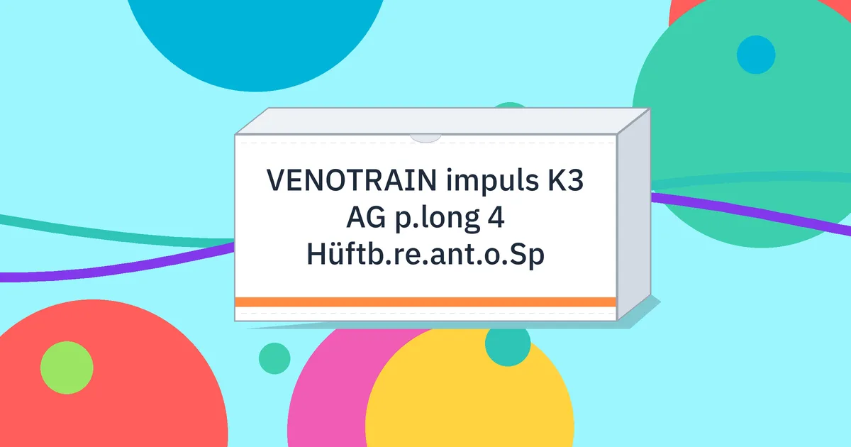 Symbolbild: Packung mit der Aufschrift VENOTRAIN impuls K3 AG p.long 4 Hüftb.re.ant.o.Sp (PZN 15218673) – Verfügbarkeit und Bezug in Apotheken in Frankfurt am Main
