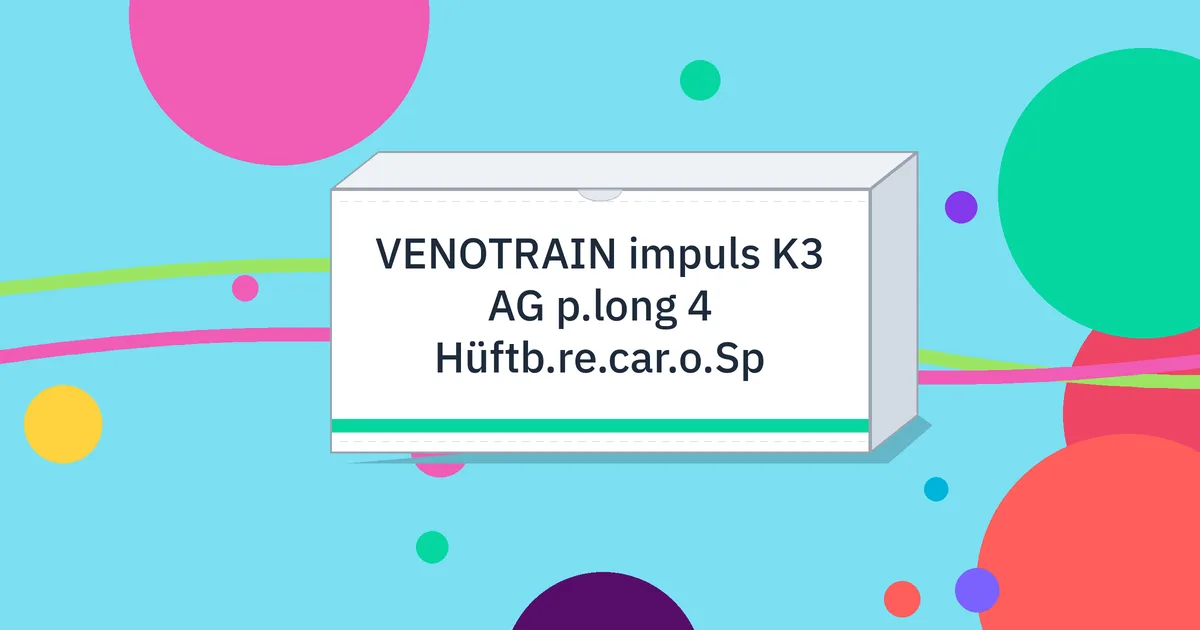 Symbolbild: Packung mit der Aufschrift VENOTRAIN impuls K3 AG p.long 4 Hüftb.re.car.o.Sp (PZN 08423496) – Verfügbarkeit und Bezug in Apotheken in Frankfurt am Main