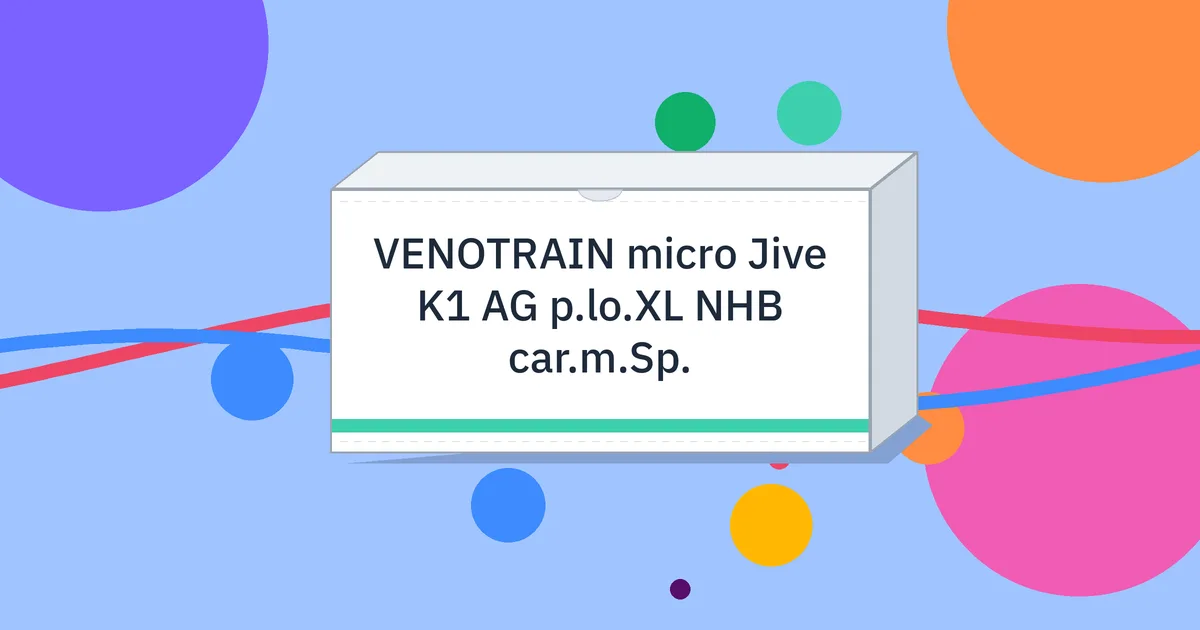 Symbolbild: Packung mit der Aufschrift VENOTRAIN micro Jive K1 AG p.lo.XL NHB car.m.Sp. (PZN 17764279) – Verfügbarkeit und Bezug in Apotheken in Frankfurt am Main