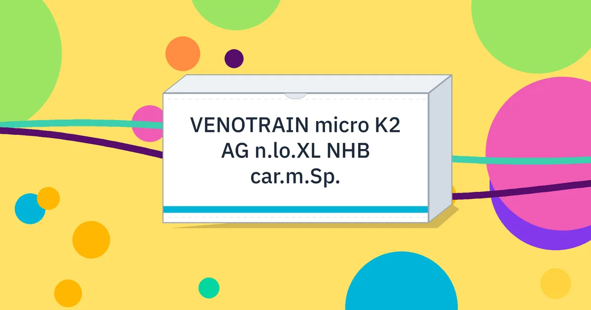 Symbolbild: Packung mit der Aufschrift VENOTRAIN micro K2 AG n.lo.XL NHB car.m.Sp. (PZN 00418171) – Verfügbarkeit und Bezug in Apotheken in Frankfurt am Main