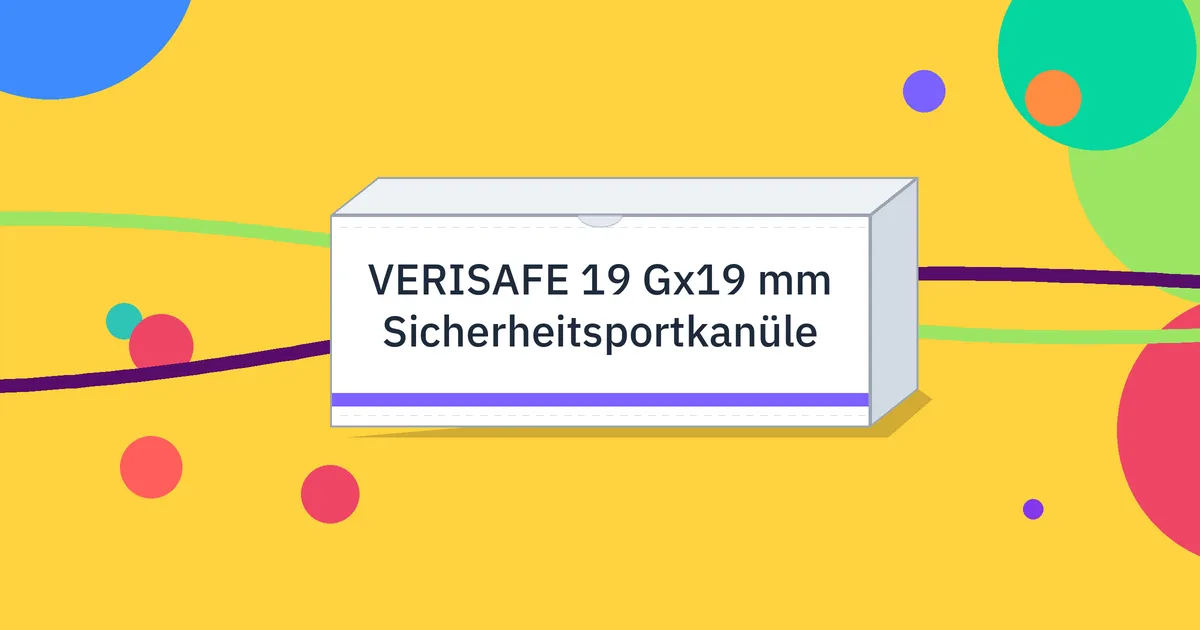 Symbolbild: Packung mit der Aufschrift VERISAFE 19 Gx19 mm Sicherheitsportkanüle (PZN 19173944) – Verfügbarkeit und Bezug in Apotheken in Frankfurt am Main