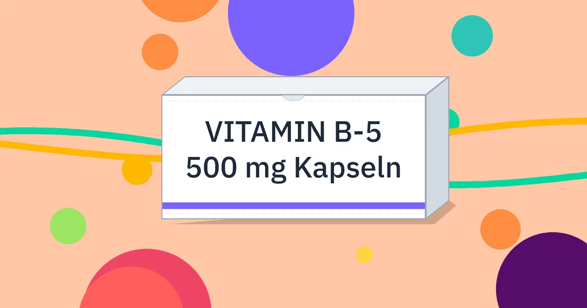 Symbolbild: Packung mit der Aufschrift VITAMIN B-5 500 mg Kapseln (PZN 17882955) – Verfügbarkeit und Bezug in Apotheken in Frankfurt am Main
