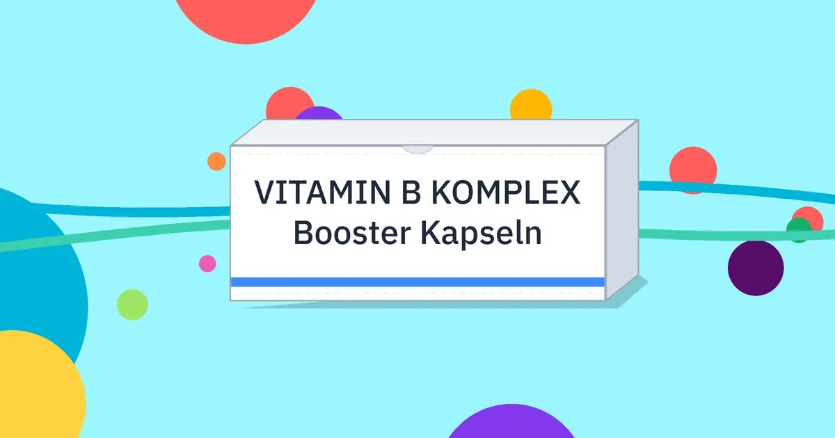 Symbolbild: Packung mit der Aufschrift VITAMIN B KOMPLEX Booster Kapseln (PZN 11640228) – Verfügbarkeit und Bezug in Apotheken in Frankfurt am Main