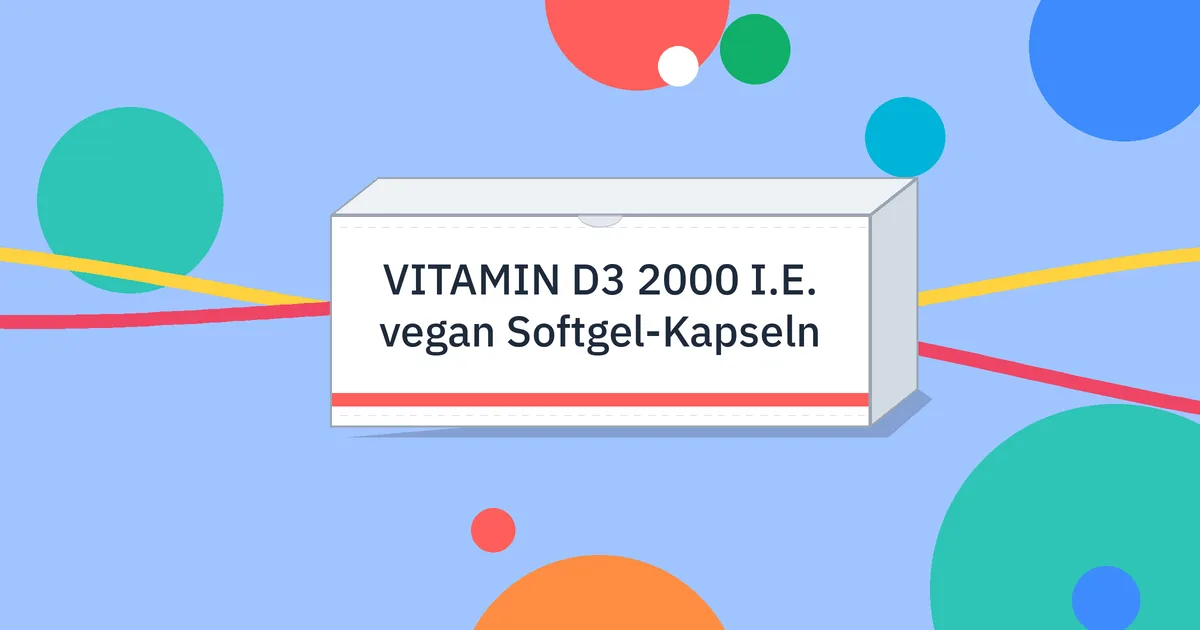 Symbolbild: Packung mit der Aufschrift VITAMIN D3 2000 I.E. vegan Softgel-Kapseln (PZN 20373186) – Verfügbarkeit und Bezug in Apotheken in Frankfurt am Main