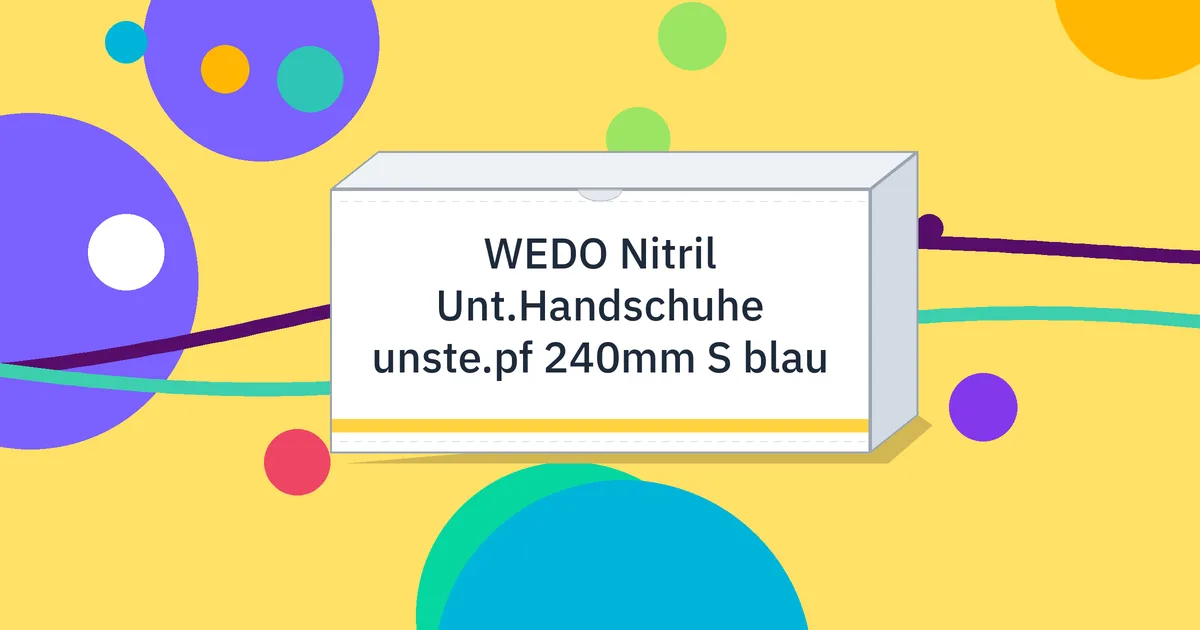 Symbolbild: Packung mit der Aufschrift WEDO Nitril Unt.Handschuhe unste.pf 240mm S blau (PZN 18740074) – Verfügbarkeit und Bezug in Apotheken in Frankfurt am Main