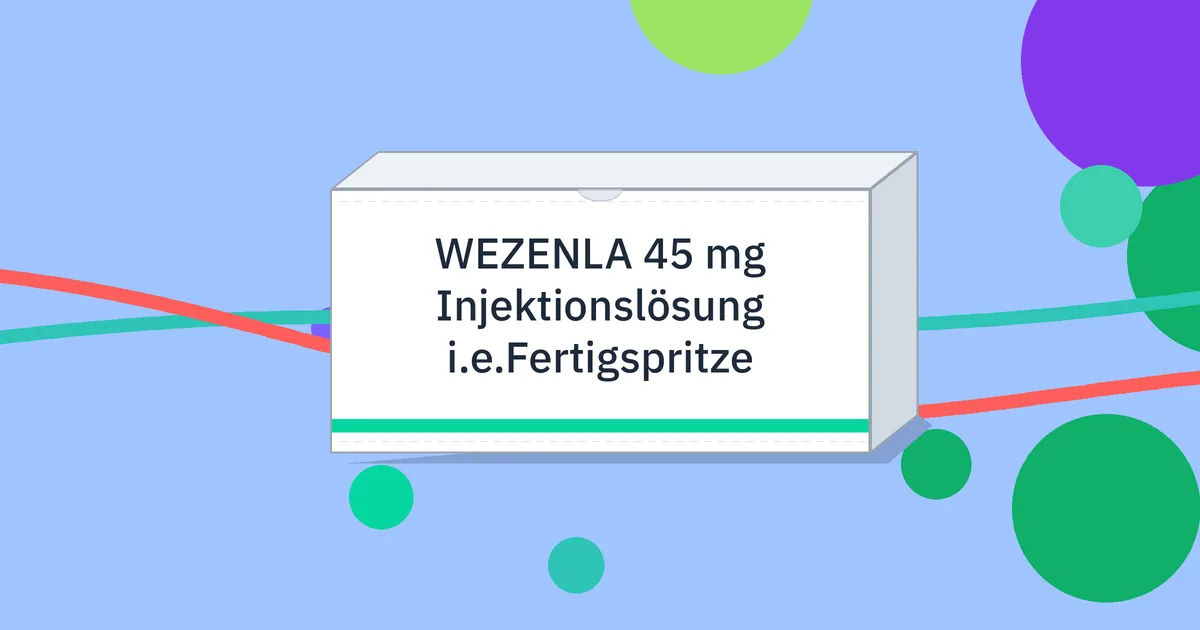 Symbolbild: Packung mit der Aufschrift WEZENLA 45 mg Injektionslösung i.e.Fertigspritze (PZN 19785618) – Verfügbarkeit und Bezug in Apotheken in Frankfurt am Main
