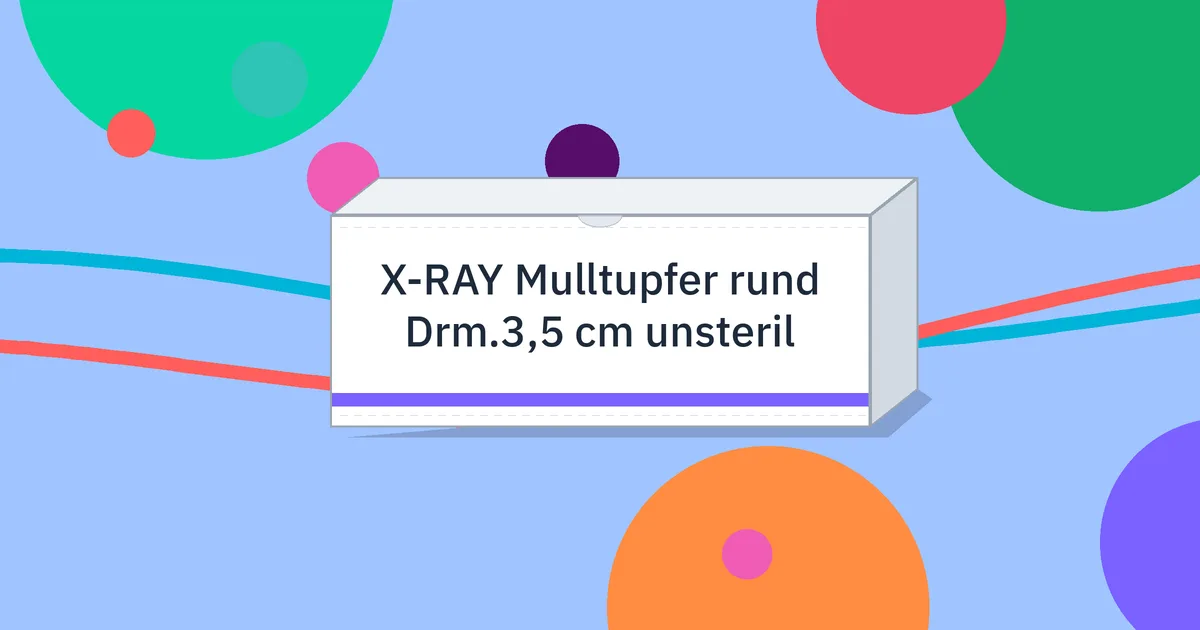 Symbolbild: Packung mit der Aufschrift X-RAY Mulltupfer rund Drm.3,5 cm unsteril (PZN 03894937) – Verfügbarkeit und Bezug in Apotheken in Frankfurt am Main