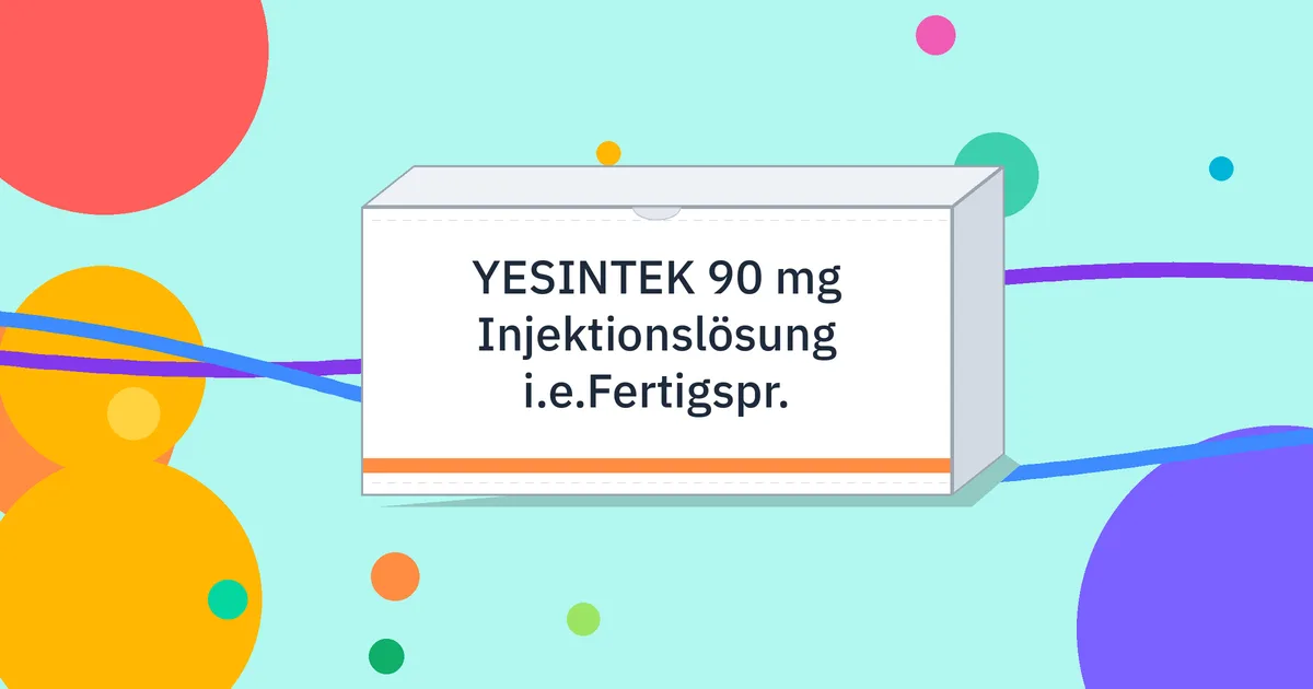 Symbolbild: Packung mit der Aufschrift YESINTEK 90 mg Injektionslösung i.e.Fertigspr. (PZN 19720079) – Verfügbarkeit und Bezug in Apotheken in Frankfurt am Main
