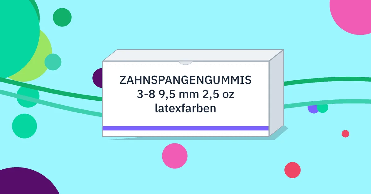 Symbolbild: Packung mit der Aufschrift ZAHNSPANGENGUMMIS 3-8 9,5 mm 2,5 oz latexfarben (PZN 19857789) – Verfügbarkeit und Bezug in Apotheken in Frankfurt am Main