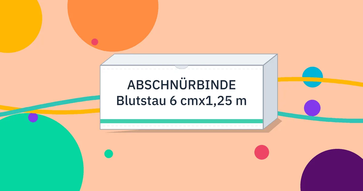 Symbolbild: Packung mit der Aufschrift ABSCHNÜRBINDE Blutstau 6 cmx1,25 m (PZN 01723746) – Verfügbarkeit und Bezug in Apotheken in Frankfurt am Main