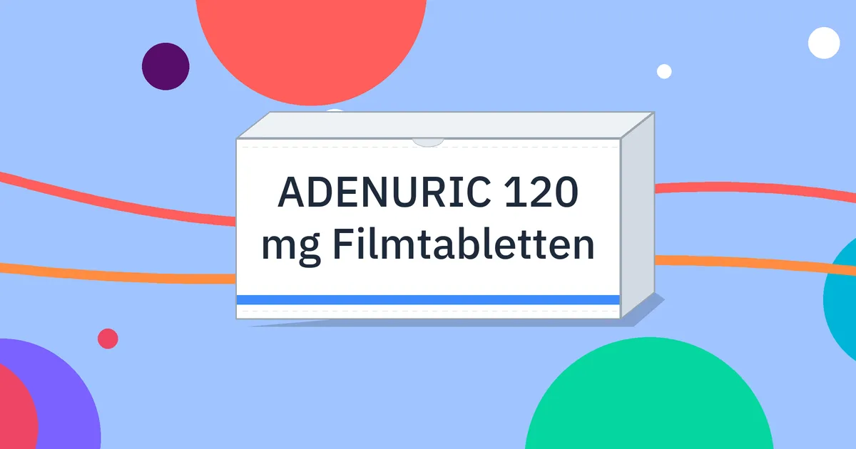 Symbolbild: Packung mit der Aufschrift ADENURIC 120 mg Filmtabletten (PZN 11073835) – Verfügbarkeit und Bezug in Apotheken in Frankfurt am Main