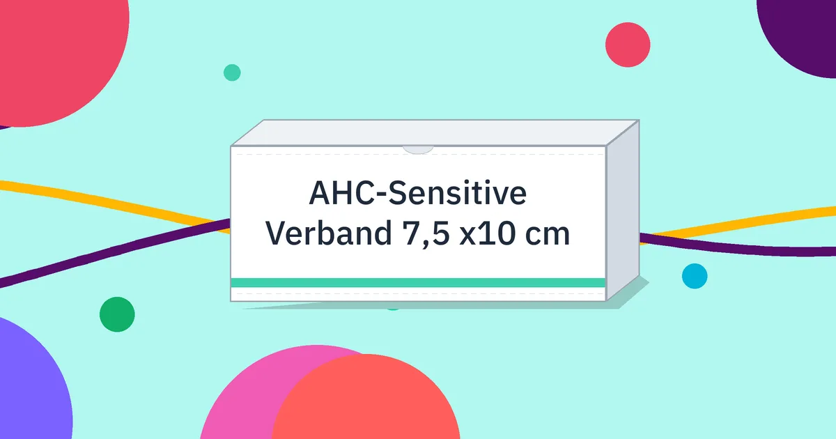 Symbolbild: Packung mit der Aufschrift AHC-Sensitive Verband 7,5 x10 cm (PZN 20006536) – Verfügbarkeit und Bezug in Apotheken in Frankfurt am Main