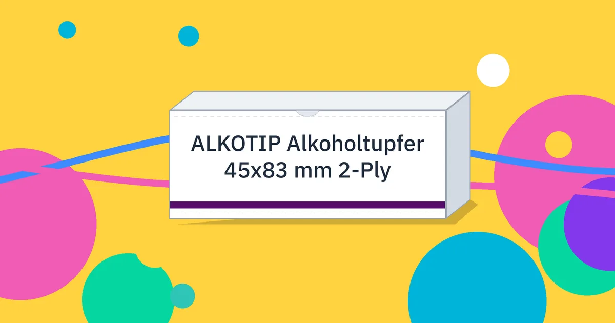 Symbolbild: Packung mit der Aufschrift ALKOTIP Alkoholtupfer 45x83 mm 2-Ply (PZN 11722392) – Verfügbarkeit und Bezug in Apotheken in Frankfurt am Main