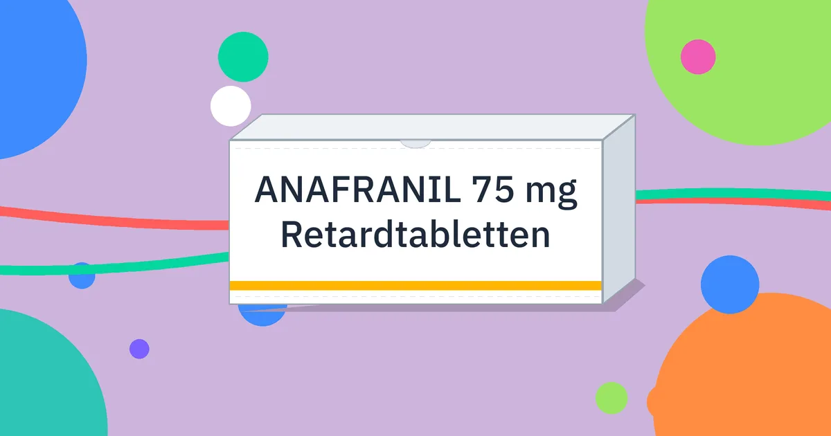 Symbolbild: Packung mit der Aufschrift ANAFRANIL 75 mg Retardtabletten (PZN 18131748) – Verfügbarkeit und Bezug in Apotheken in Frankfurt am Main