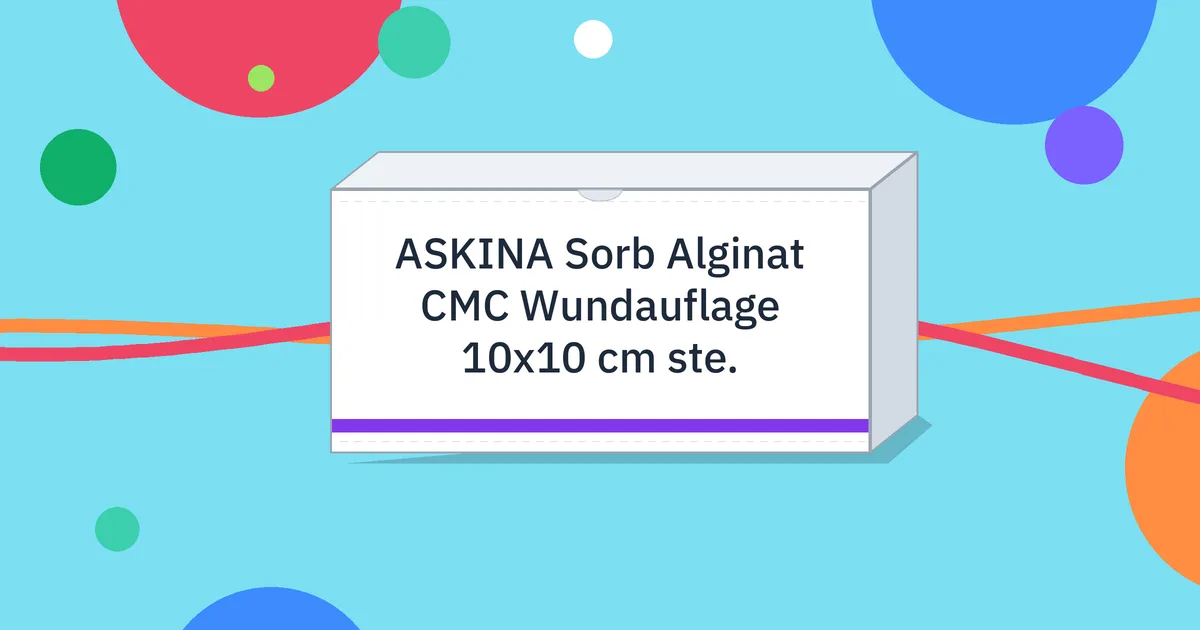 Symbolbild: Packung mit der Aufschrift ASKINA Sorb Alginat CMC Wundauflage 10x10 cm ste. (PZN 02251640) – Verfügbarkeit und Bezug in Apotheken in Frankfurt am Main