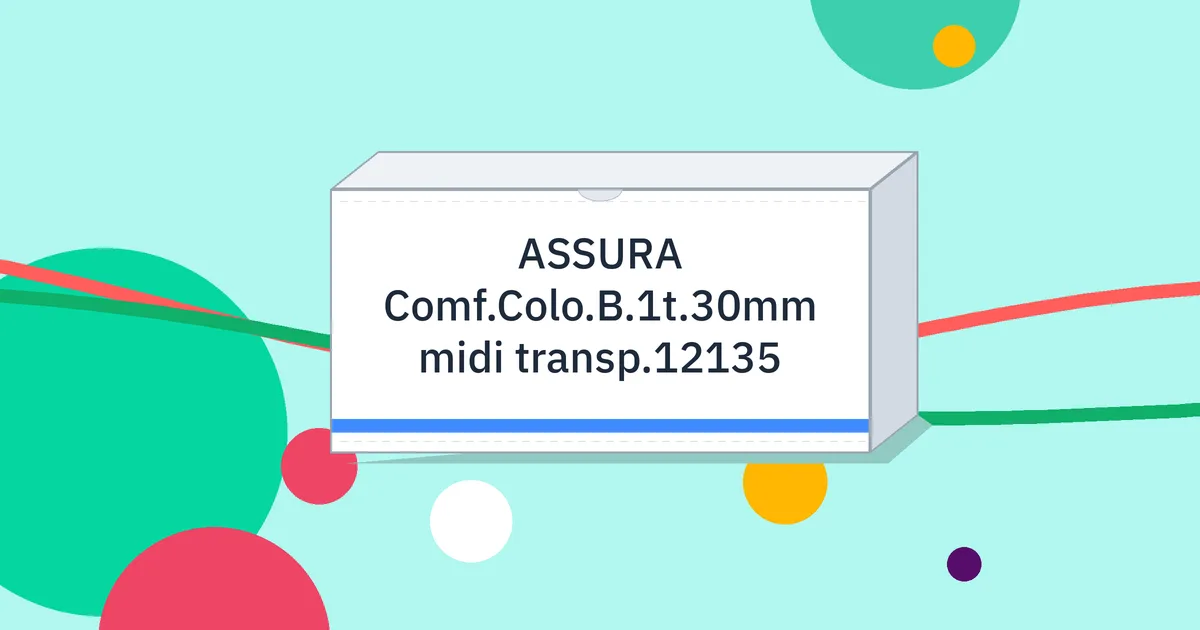 Symbolbild: Packung mit der Aufschrift ASSURA Comf.Colo.B.1t.30mm midi transp.12135 (PZN 08996045) – Verfügbarkeit und Bezug in Apotheken in Frankfurt am Main
