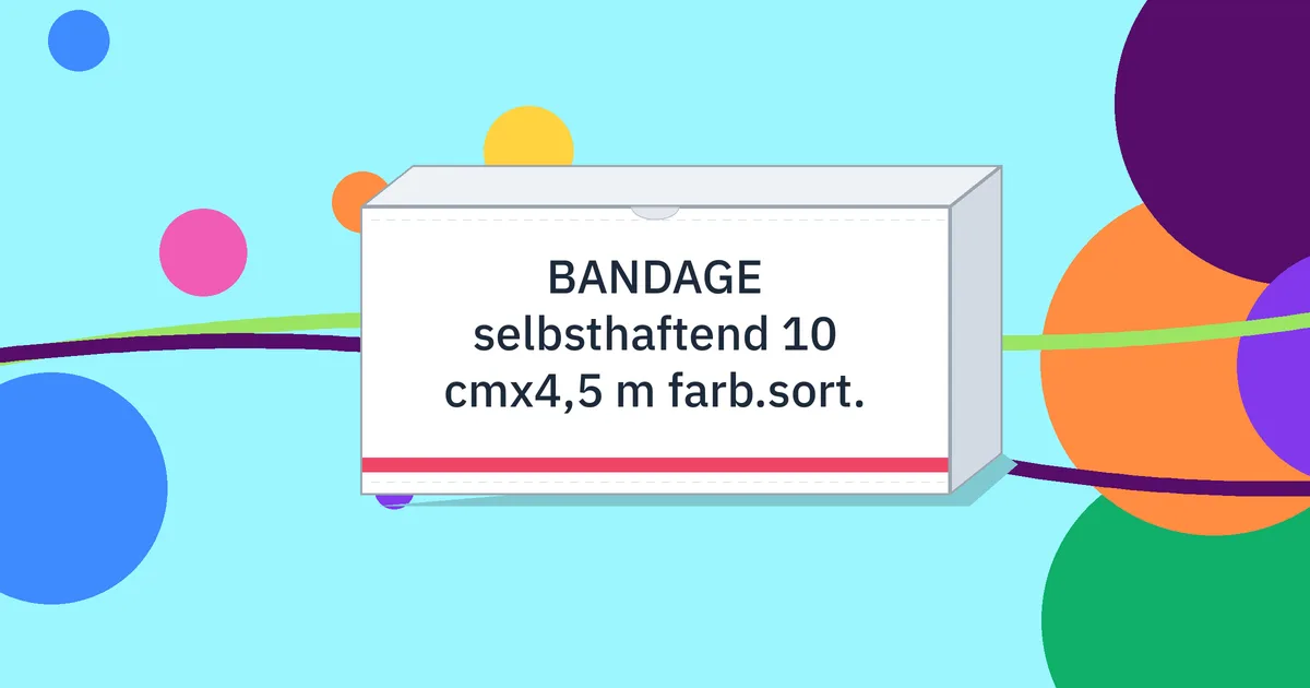 Symbolbild: Packung mit der Aufschrift BANDAGE selbsthaftend 10 cmx4,5 m farb.sort. (PZN 09230948) – Verfügbarkeit und Bezug in Apotheken in Frankfurt am Main