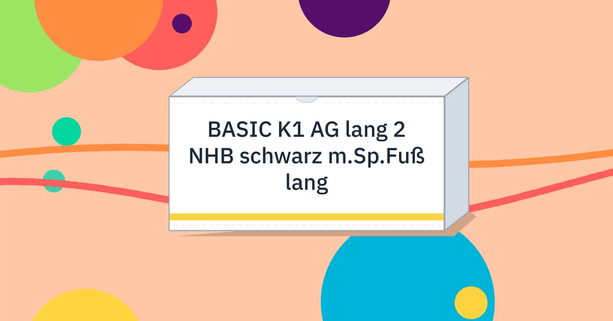 Symbolbild: Packung mit der Aufschrift BASIC K1 AG lang 2 NHB schwarz m.Sp.Fuß lang (PZN 20259929) – Verfügbarkeit und Bezug in Apotheken in Frankfurt am Main