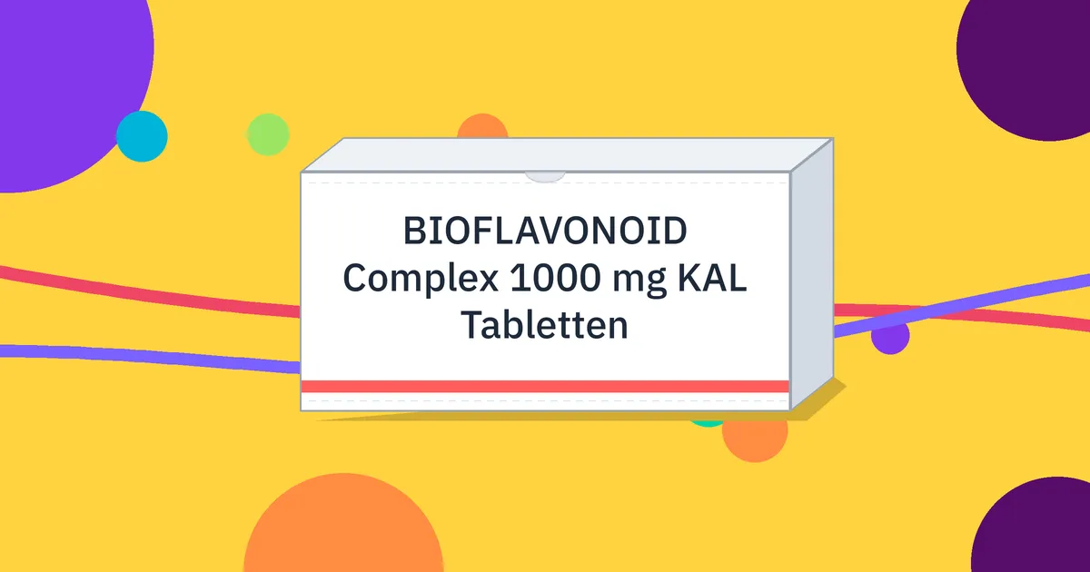 Symbolbild: Packung mit der Aufschrift BIOFLAVONOID Complex 1000 mg KAL Tabletten (PZN 06988656) – Verfügbarkeit und Bezug in Apotheken in Frankfurt am Main