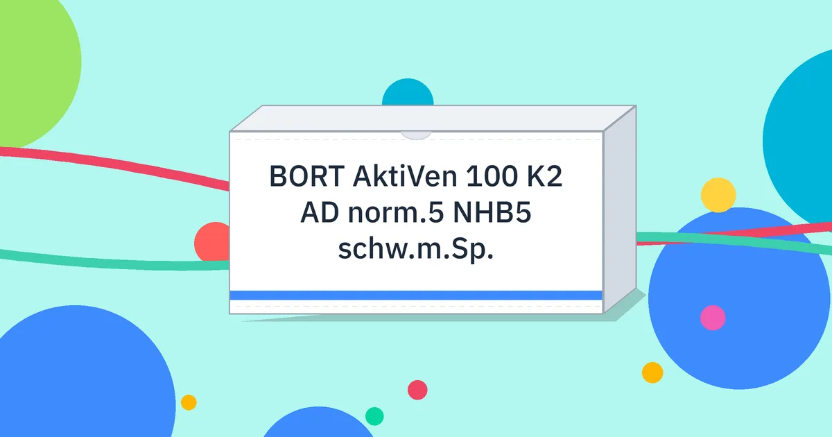 Symbolbild: Packung mit der Aufschrift BORT AktiVen 100 K2 AD norm.5 NHB5 schw.m.Sp. (PZN 17497074) – Verfügbarkeit und Bezug in Apotheken in Frankfurt am Main