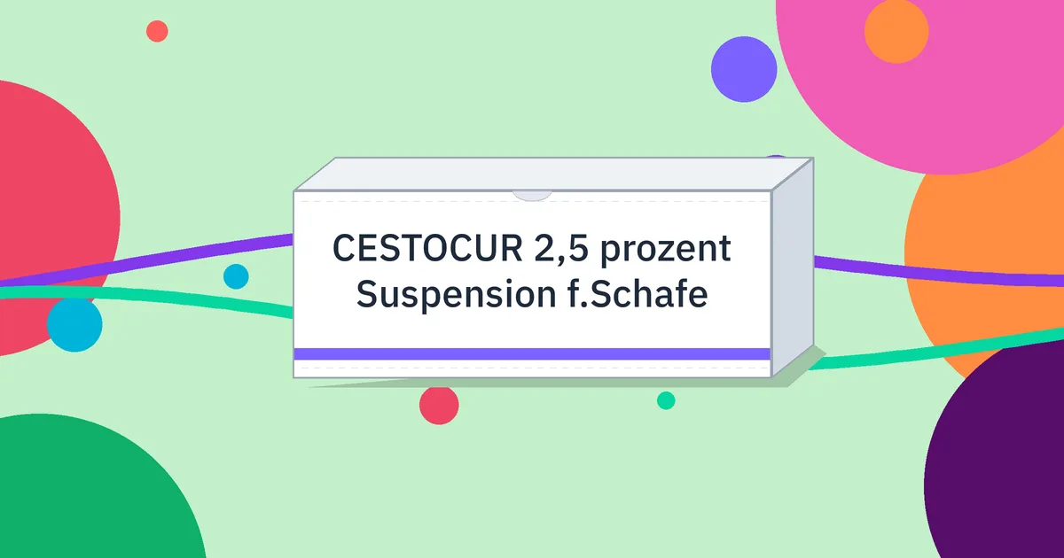 Symbolbild: Packung mit der Aufschrift CESTOCUR 2,5 prozent Suspension f.Schafe (PZN 00200934) – Verfügbarkeit und Bezug in Apotheken in Frankfurt am Main