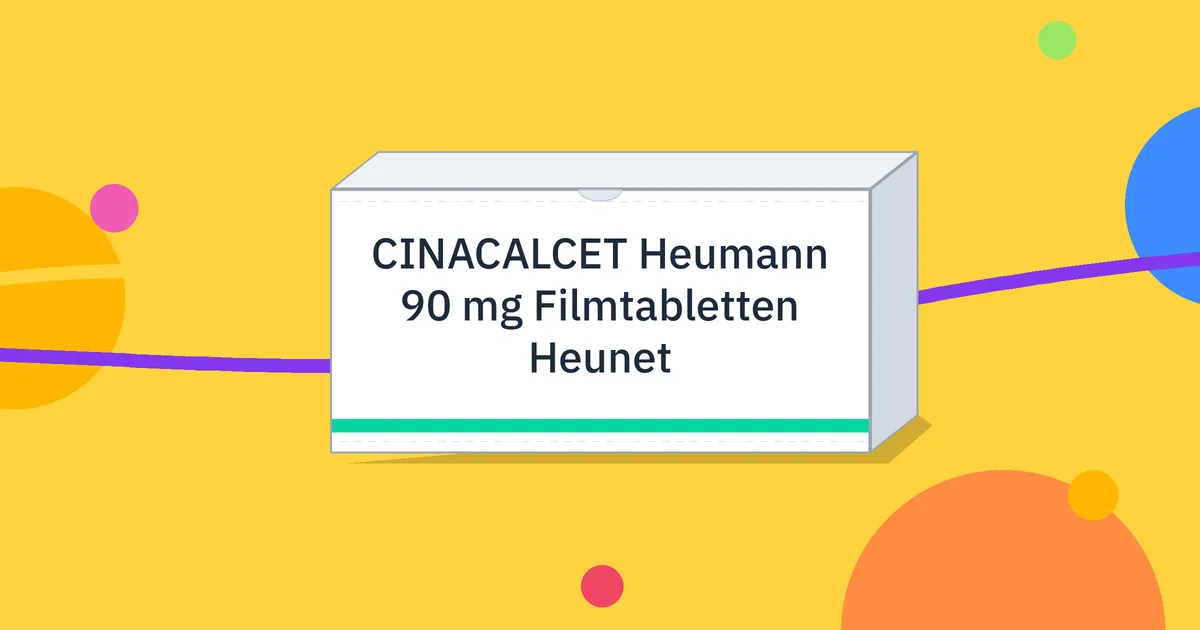 Symbolbild: Packung mit der Aufschrift CINACALCET Heumann 90 mg Filmtabletten Heunet (PZN 18265609) – Verfügbarkeit und Bezug in Apotheken in Frankfurt am Main