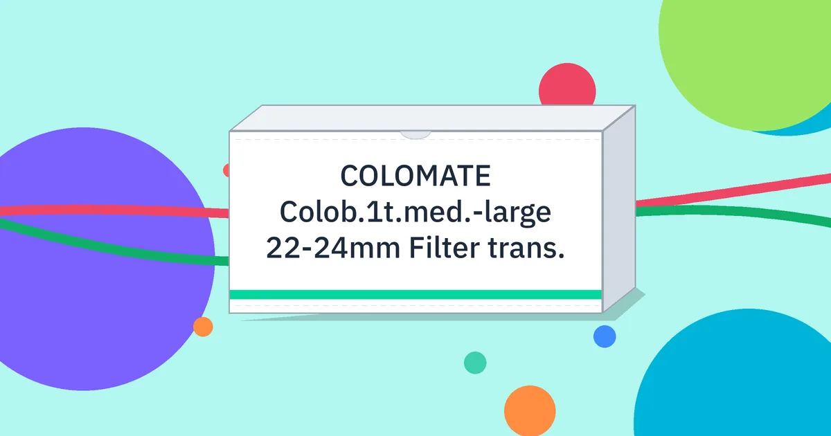 Symbolbild: Packung mit der Aufschrift COLOMATE Colob.1t.med.-large 22-24mm Filter trans. (PZN 01743128) – Verfügbarkeit und Bezug in Apotheken in Frankfurt am Main