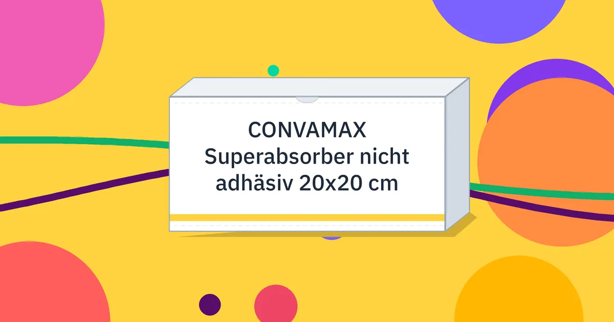 Symbolbild: Packung mit der Aufschrift CONVAMAX Superabsorber nicht adhäsiv 20x20 cm (PZN 20118040) – Verfügbarkeit und Bezug in Apotheken in Frankfurt am Main