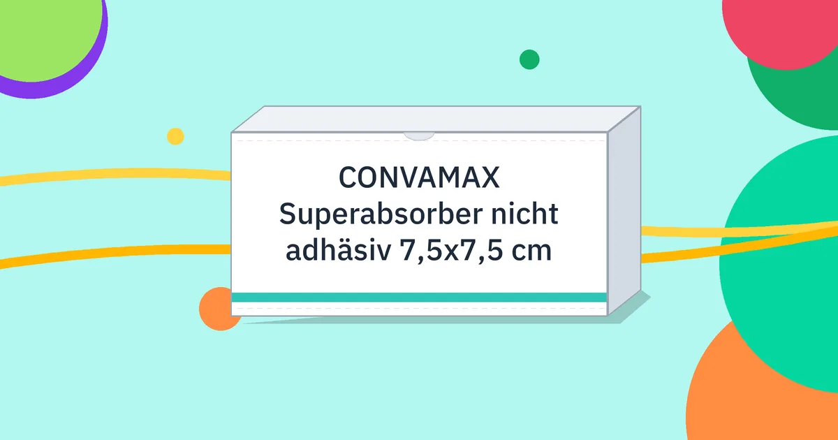 Symbolbild: Packung mit der Aufschrift CONVAMAX Superabsorber nicht adhäsiv 7,5x7,5 cm (PZN 15634325) – Verfügbarkeit und Bezug in Apotheken in Frankfurt am Main