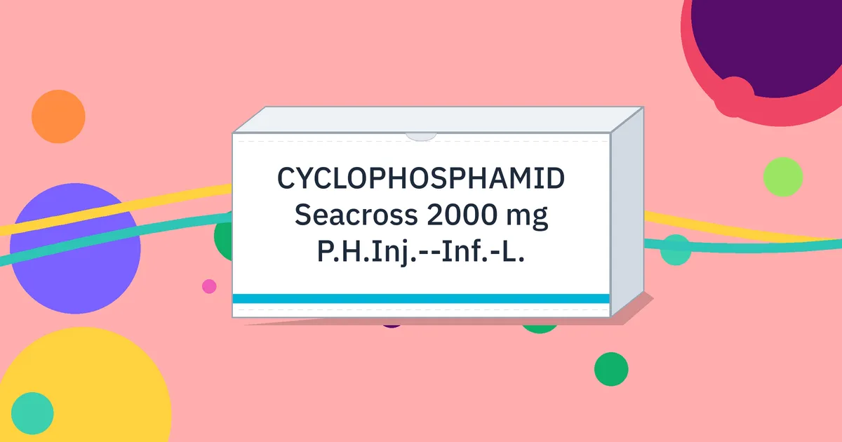 Symbolbild: Packung mit der Aufschrift CYCLOPHOSPHAMID Seacross 2000 mg P.H.Inj.--Inf.-L. (PZN 19927662) – Verfügbarkeit und Bezug in Apotheken in Frankfurt am Main