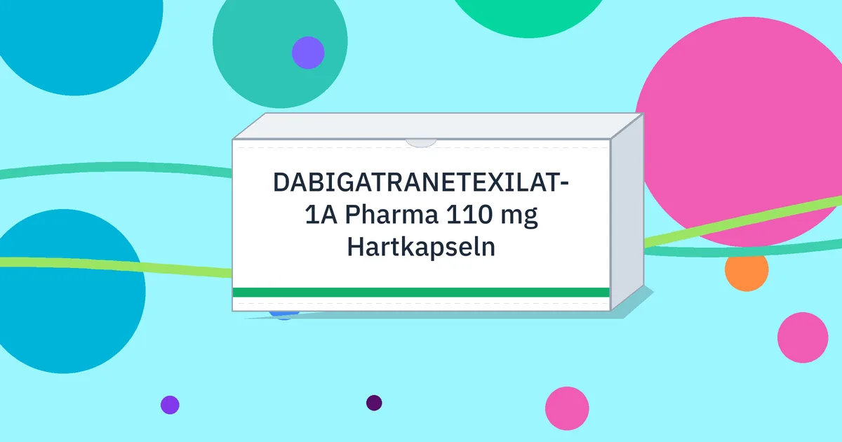Symbolbild: Packung mit der Aufschrift DABIGATRANETEXILAT-1A Pharma 110 mg Hartkapseln (PZN 18121276) – Verfügbarkeit und Bezug in Apotheken in Frankfurt am Main