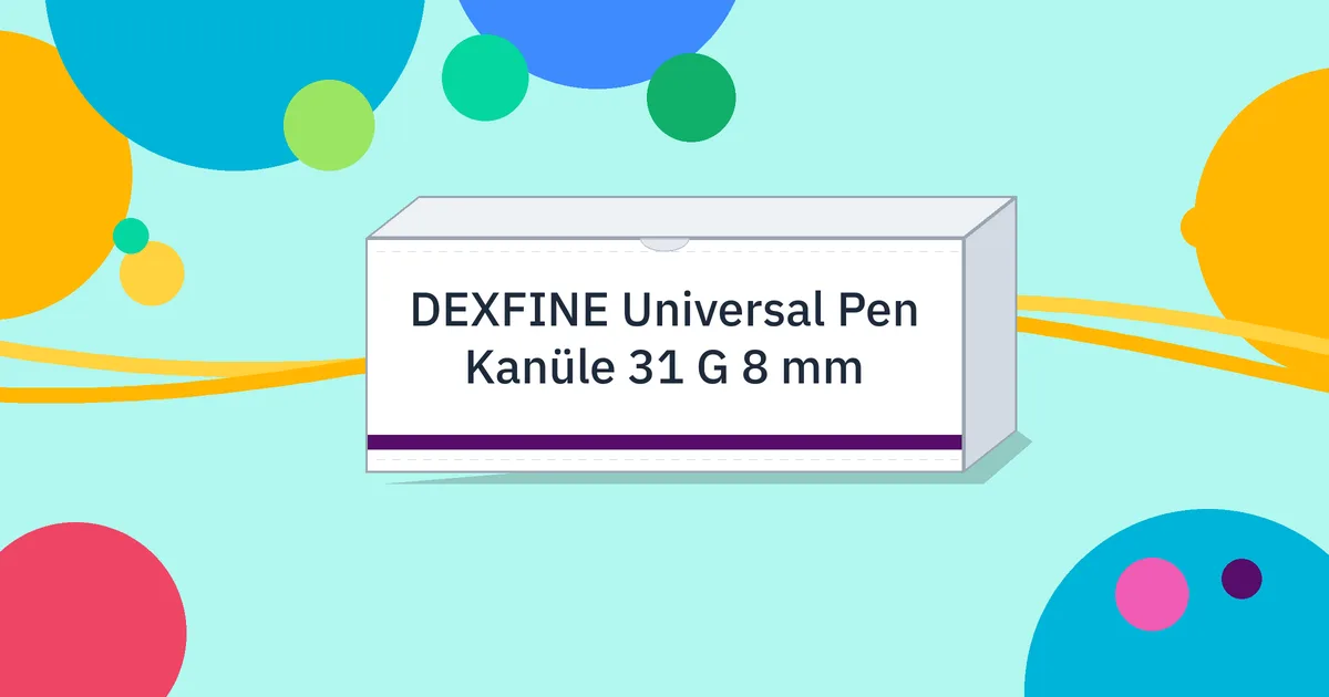 Symbolbild: Packung mit der Aufschrift DEXFINE Universal Pen Kanüle 31 G 8 mm (PZN 11049268) – Verfügbarkeit und Bezug in Apotheken in Frankfurt am Main