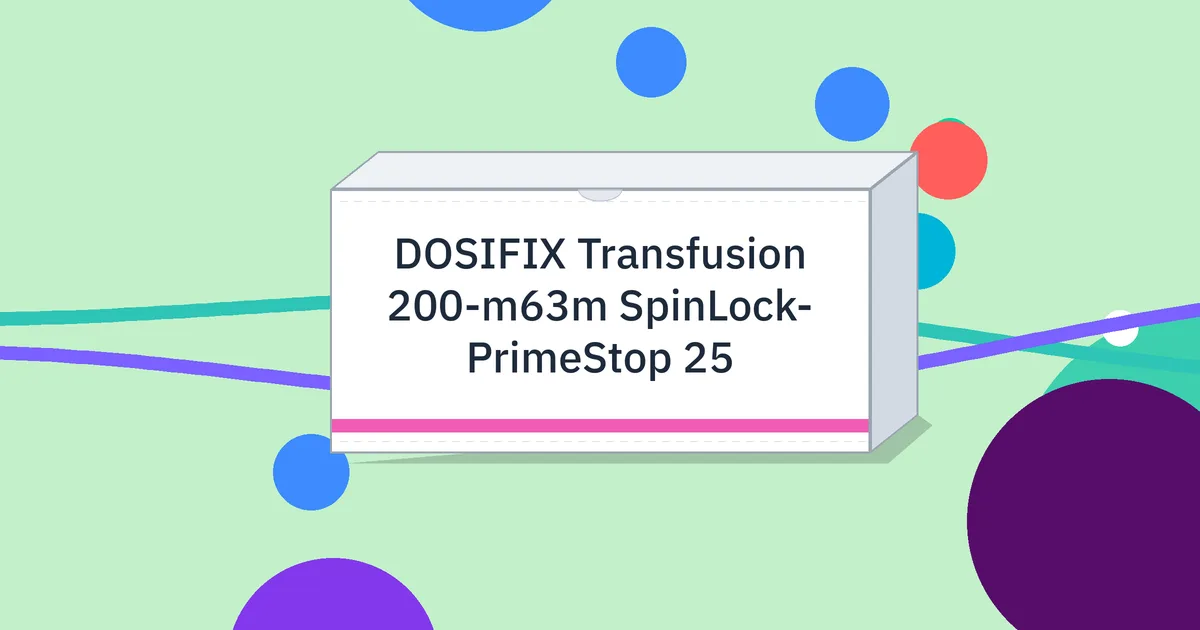Symbolbild: Packung mit der Aufschrift DOSIFIX Transfusion 200-m63m SpinLock-PrimeStop 25 (PZN 17836375) – Verfügbarkeit und Bezug in Apotheken in Frankfurt am Main