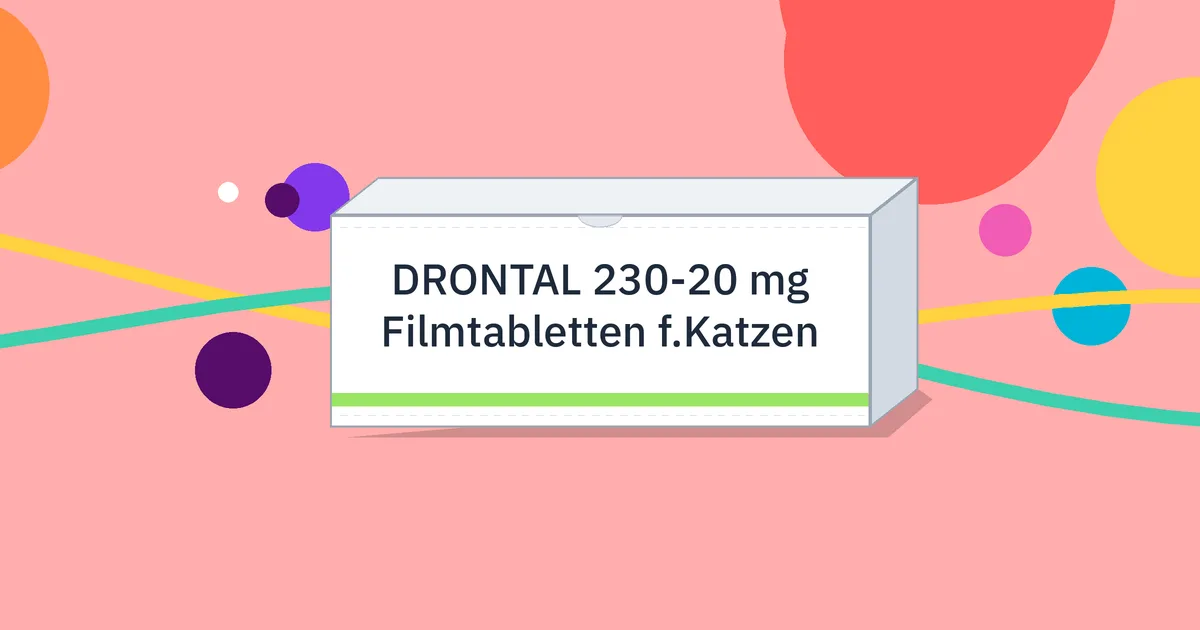 Symbolbild: Packung mit der Aufschrift DRONTAL 230-20 mg Filmtabletten f.Katzen (PZN 06882403) – Verfügbarkeit und Bezug in Apotheken in Frankfurt am Main