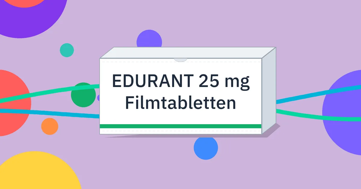 Symbolbild: Packung mit der Aufschrift EDURANT 25 mg Filmtabletten (PZN 10202986) – Verfügbarkeit und Bezug in Apotheken in Frankfurt am Main