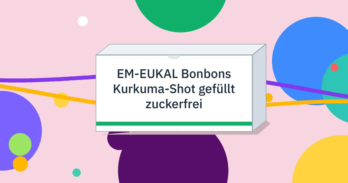 Symbolbild: Packung mit der Aufschrift EM-EUKAL Bonbons Kurkuma-Shot gefüllt zuckerfrei (PZN 17292805) – Verfügbarkeit und Bezug in Apotheken in Frankfurt am Main