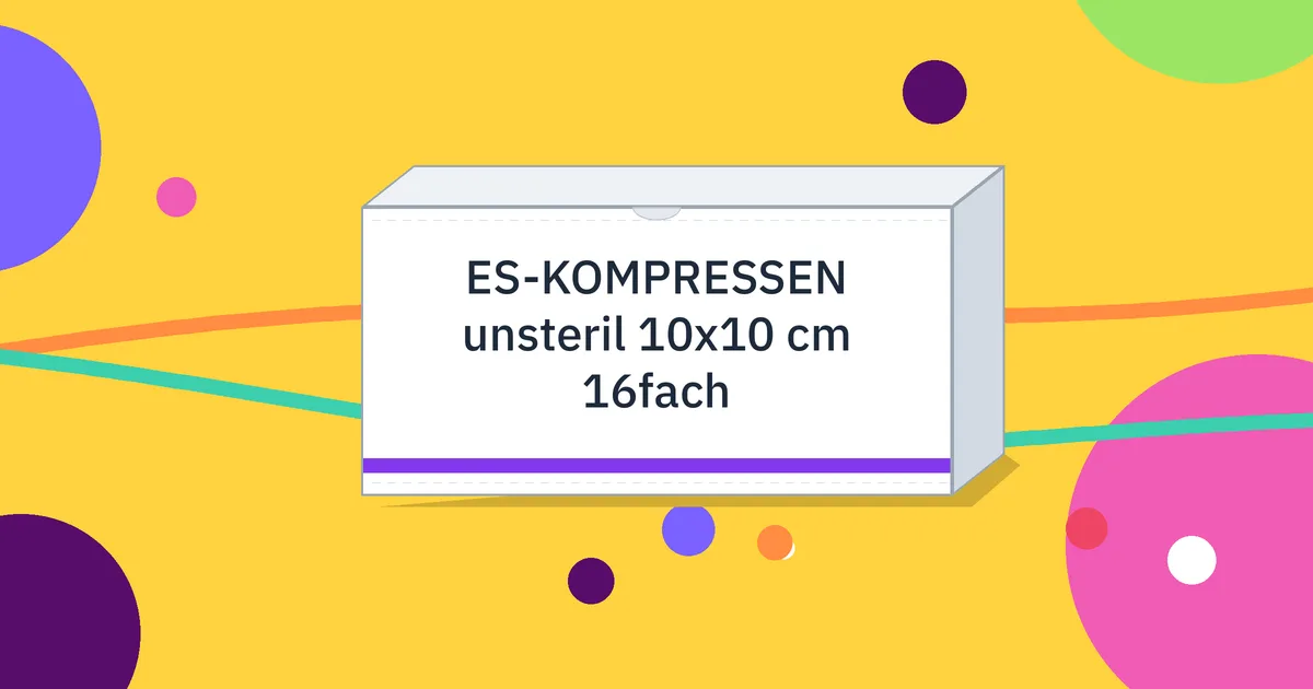 Symbolbild: Packung mit der Aufschrift ES-KOMPRESSEN unsteril 10x10 cm 16fach (PZN 19680701) – Verfügbarkeit und Bezug in Apotheken in Frankfurt am Main