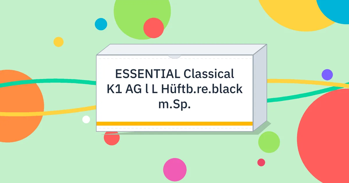 Symbolbild: Packung mit der Aufschrift ESSENTIAL Classical K1 AG l L Hüftb.re.black m.Sp. (PZN 17013633) – Verfügbarkeit und Bezug in Apotheken in Frankfurt am Main