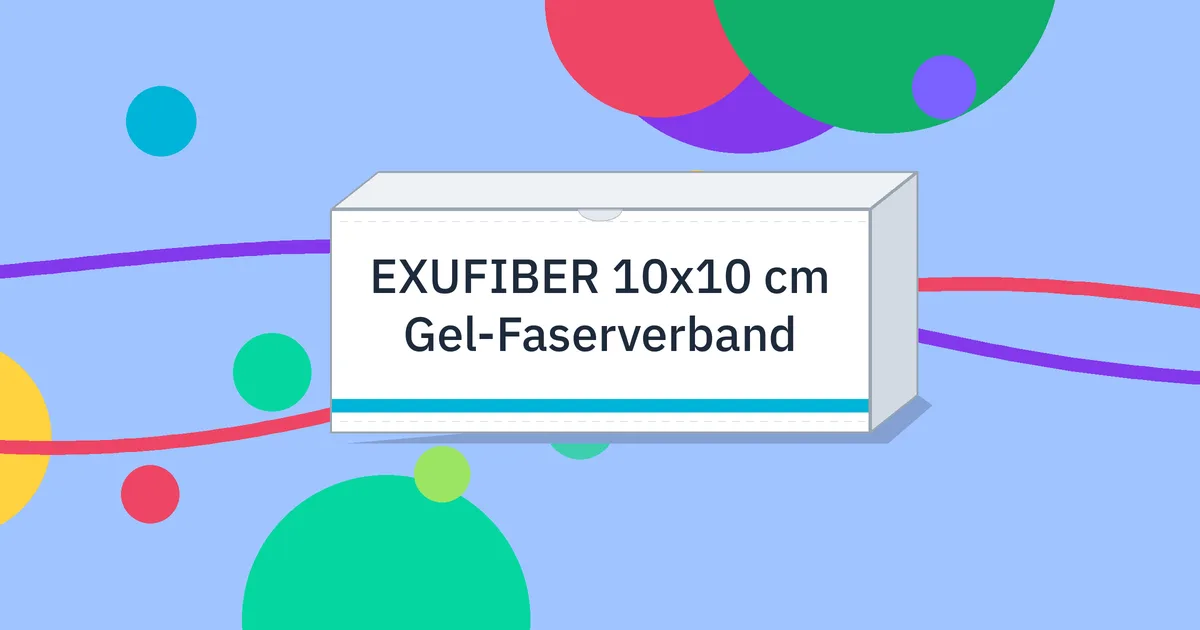 Symbolbild: Packung mit der Aufschrift EXUFIBER 10x10 cm Gel-Faserverband (PZN 20312256) – Verfügbarkeit und Bezug in Apotheken in Frankfurt am Main