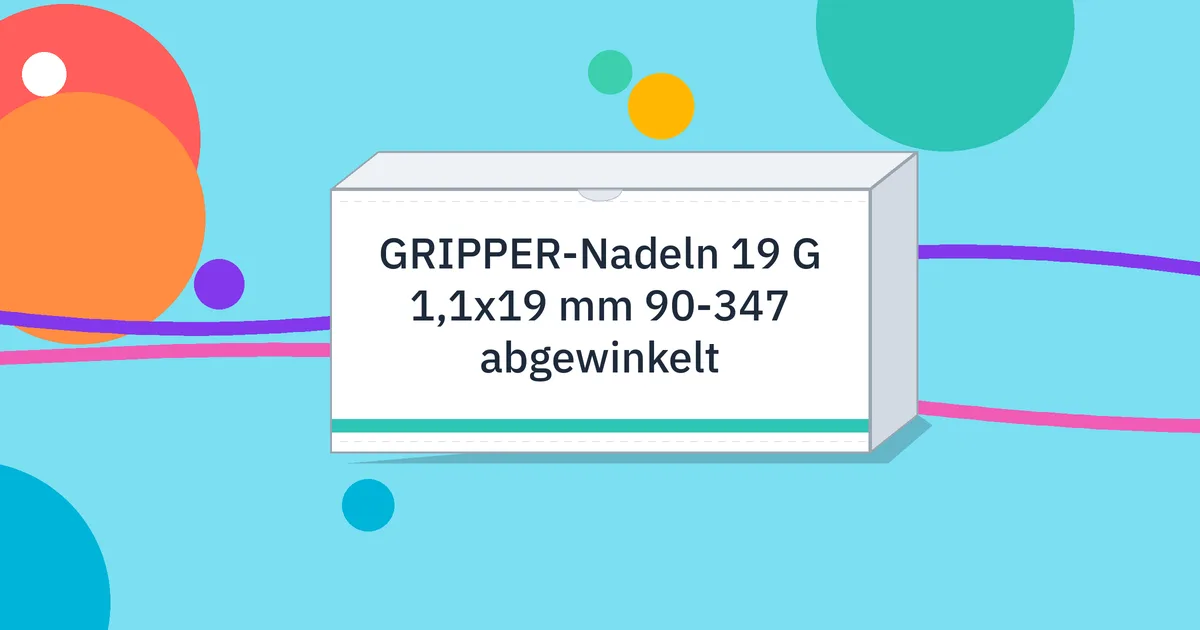 Symbolbild: Packung mit der Aufschrift GRIPPER-Nadeln 19 G 1,1x19 mm 90-347 abgewinkelt (PZN 14287086) – Verfügbarkeit und Bezug in Apotheken in Frankfurt am Main