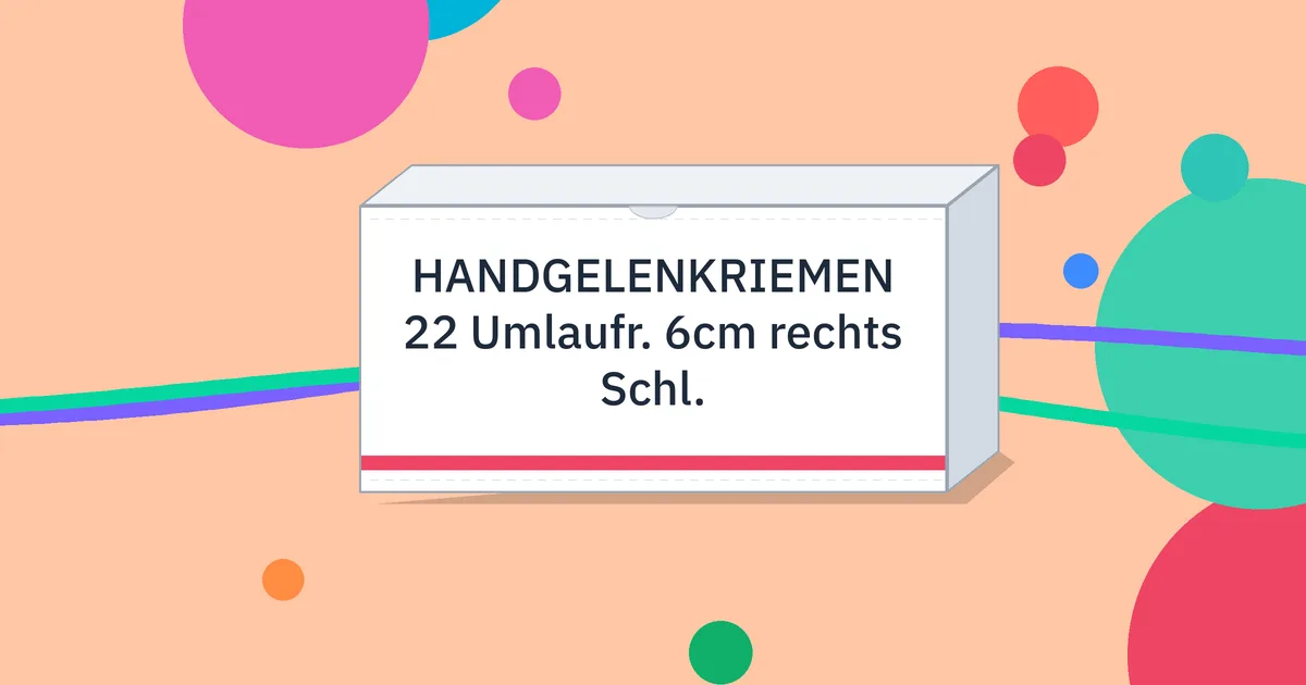 Symbolbild: Packung mit der Aufschrift HANDGELENKRIEMEN 22 Umlaufr. 6cm rechts Schl. (PZN 01962936) – Verfügbarkeit und Bezug in Apotheken in Frankfurt am Main