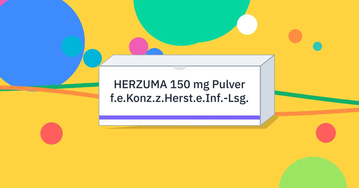 Symbolbild: Packung mit der Aufschrift HERZUMA 150 mg Pulver f.e.Konz.z.Herst.e.Inf.-Lsg. (PZN 14409804) – Verfügbarkeit und Bezug in Apotheken in Frankfurt am Main