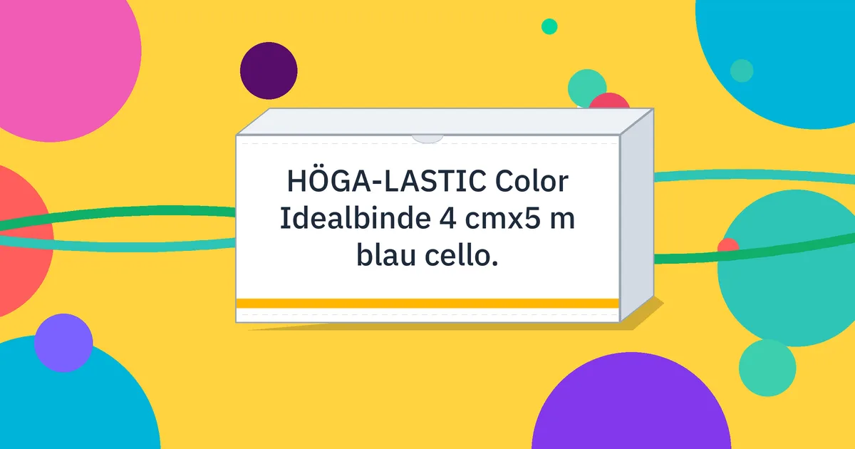 Symbolbild: Packung mit der Aufschrift HÖGA-LASTIC Color Idealbinde 4 cmx5 m blau cello. (PZN 10917716) – Verfügbarkeit und Bezug in Apotheken in Frankfurt am Main