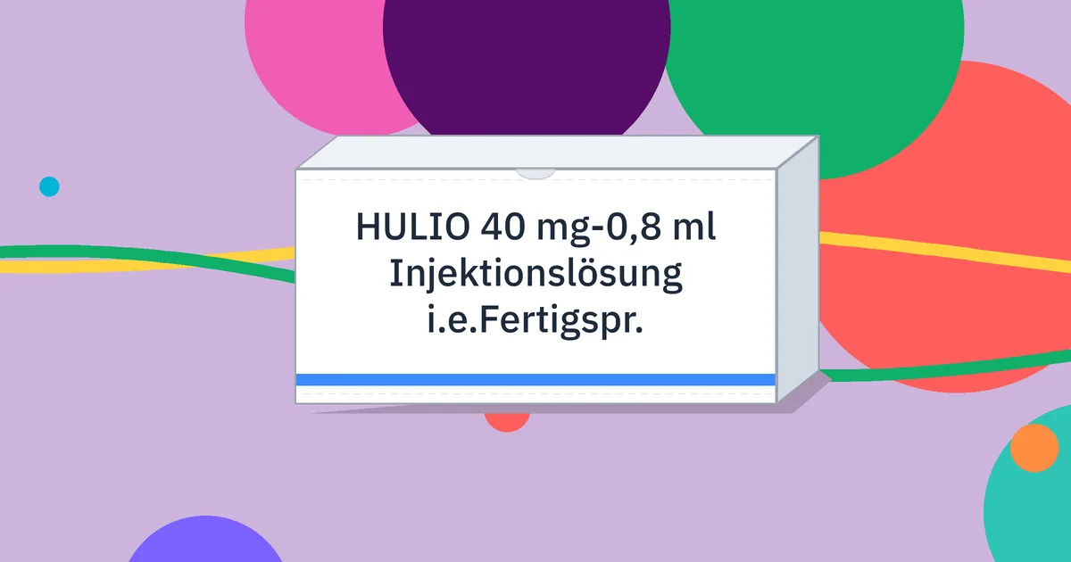Symbolbild: Packung mit der Aufschrift HULIO 40 mg-0,8 ml Injektionslösung i.e.Fertigspr. (PZN 15391673) – Verfügbarkeit und Bezug in Apotheken in Frankfurt am Main