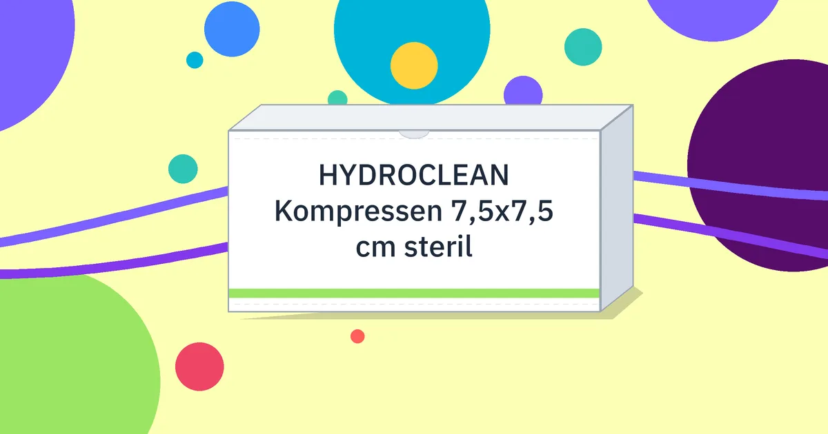 Symbolbild: Packung mit der Aufschrift HYDROCLEAN Kompressen 7,5x7,5 cm steril (PZN 18052569) – Verfügbarkeit und Bezug in Apotheken in Frankfurt am Main